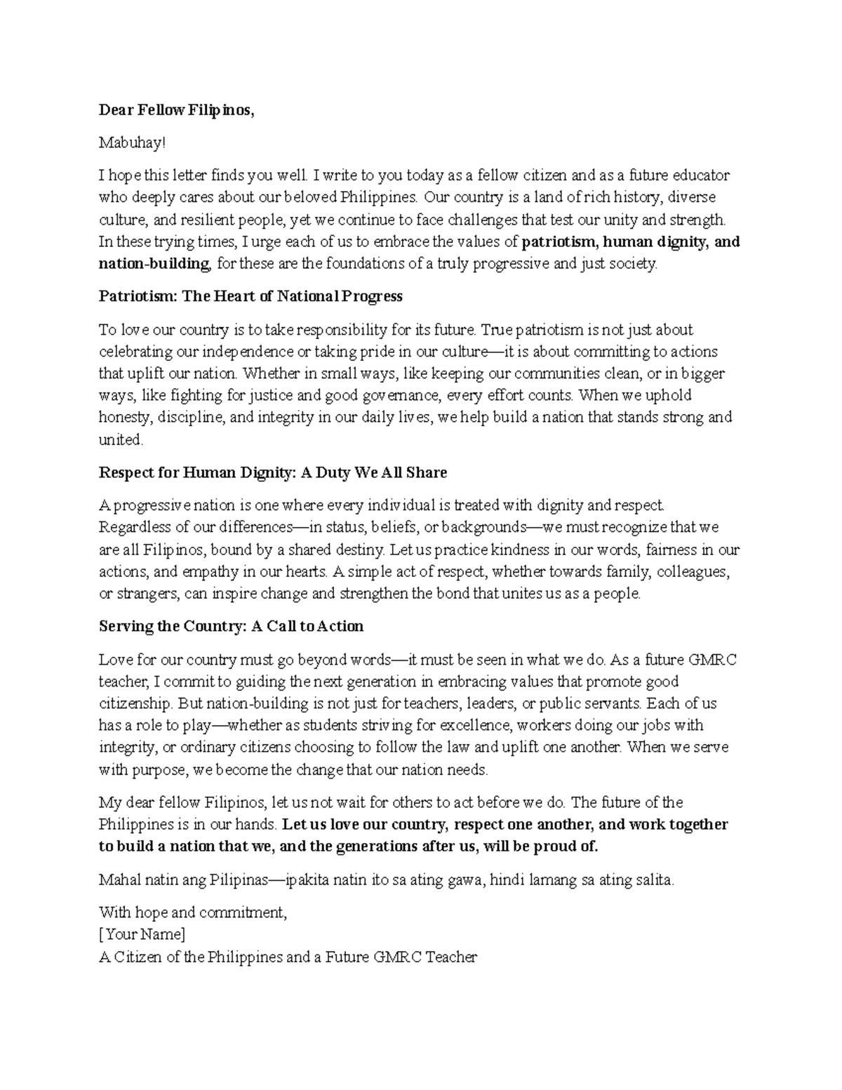 GED117 - Patriotism - lecture notes - Dear Fellow Filipinos, Mabuhay! I ...