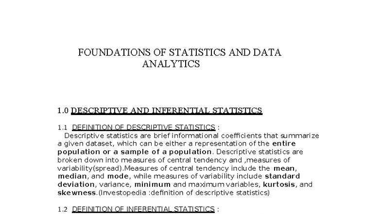 Foundations of Statistics and Data Analytics (STAT 101): Descriptive & - Studocu