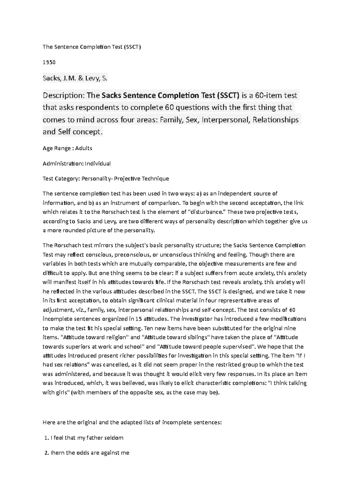 Sacks Sentence Completion Test (SSCT) Overview and Adaptations - Studocu