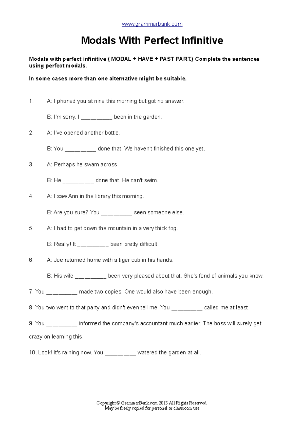 Grammar Notes: Modals with Perfect Infinitive (HAVE + Past Part.) - Studocu