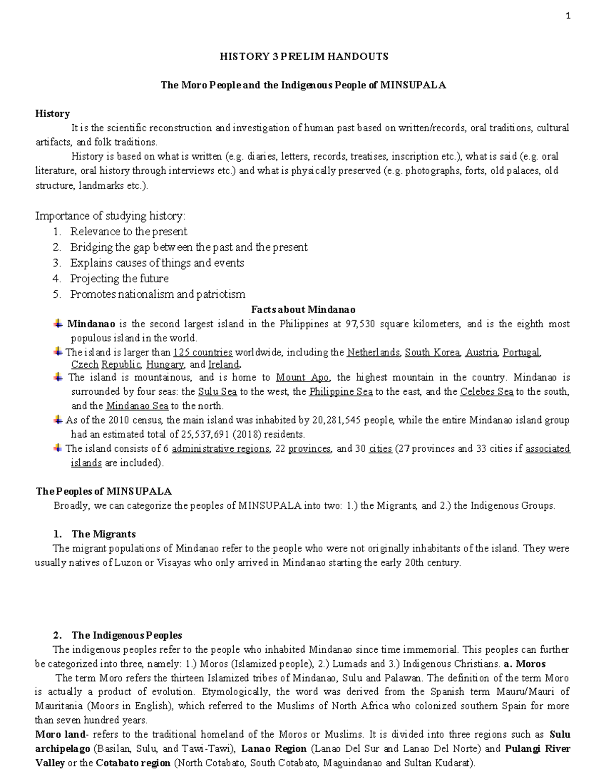 HIS003 Prelim Handouts: The Moro and Indigenous Peoples of MINSUPALA ...