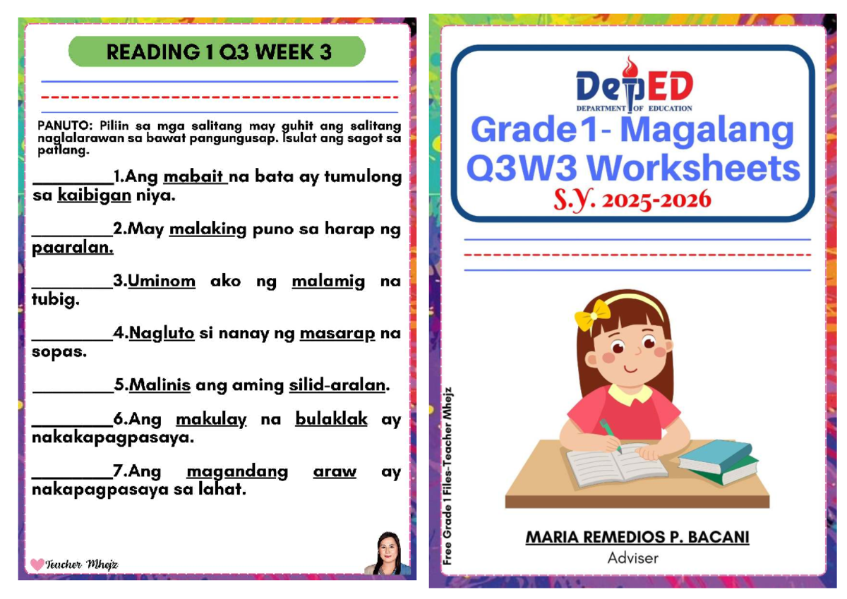 Grade 1 Q3 WEEK 3 Worksheets Compilation - Teacher Mhejz - Studocu