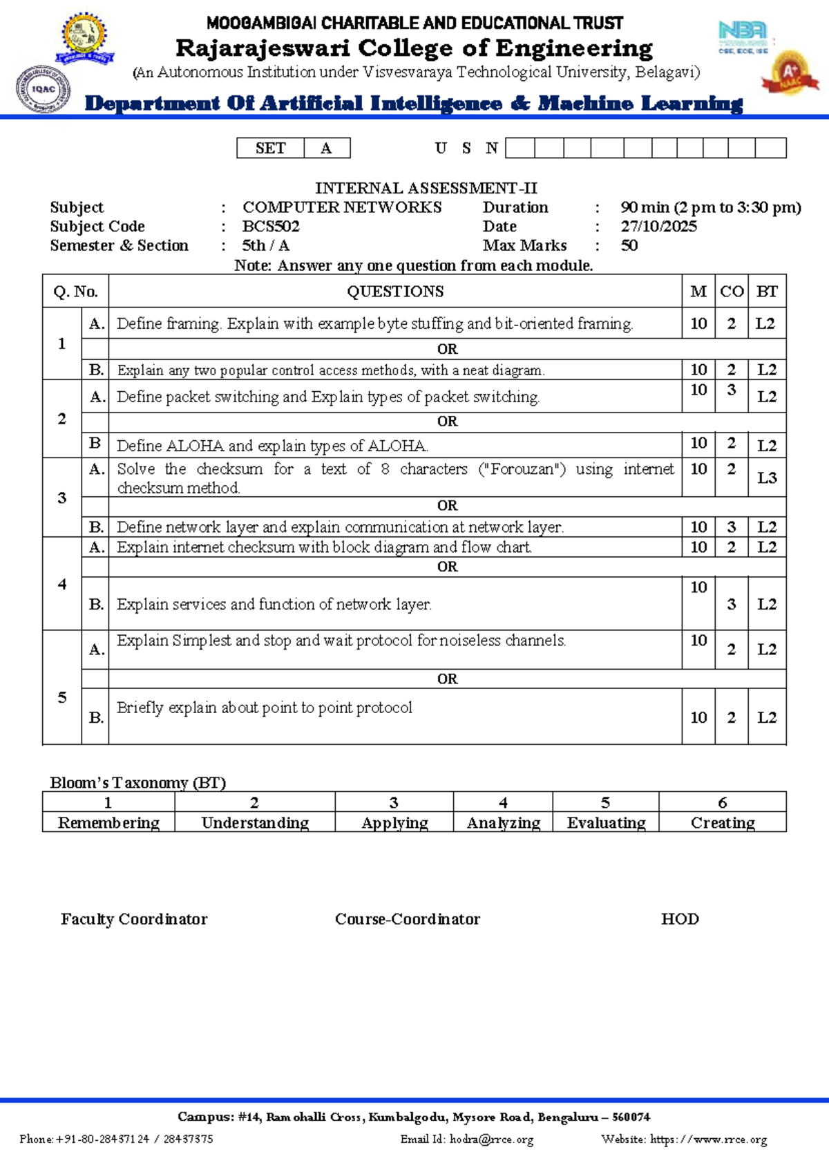 BCS502 Internal Assessment 2 Question Paper - Computer Networks - Studocu