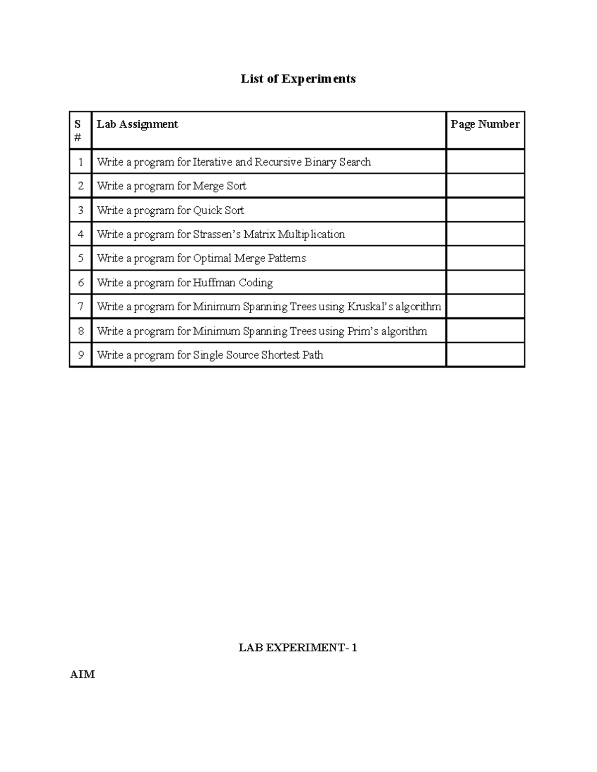 ADA Lab Manual: Experiments on Search & Sort Algorithms - Studocu
