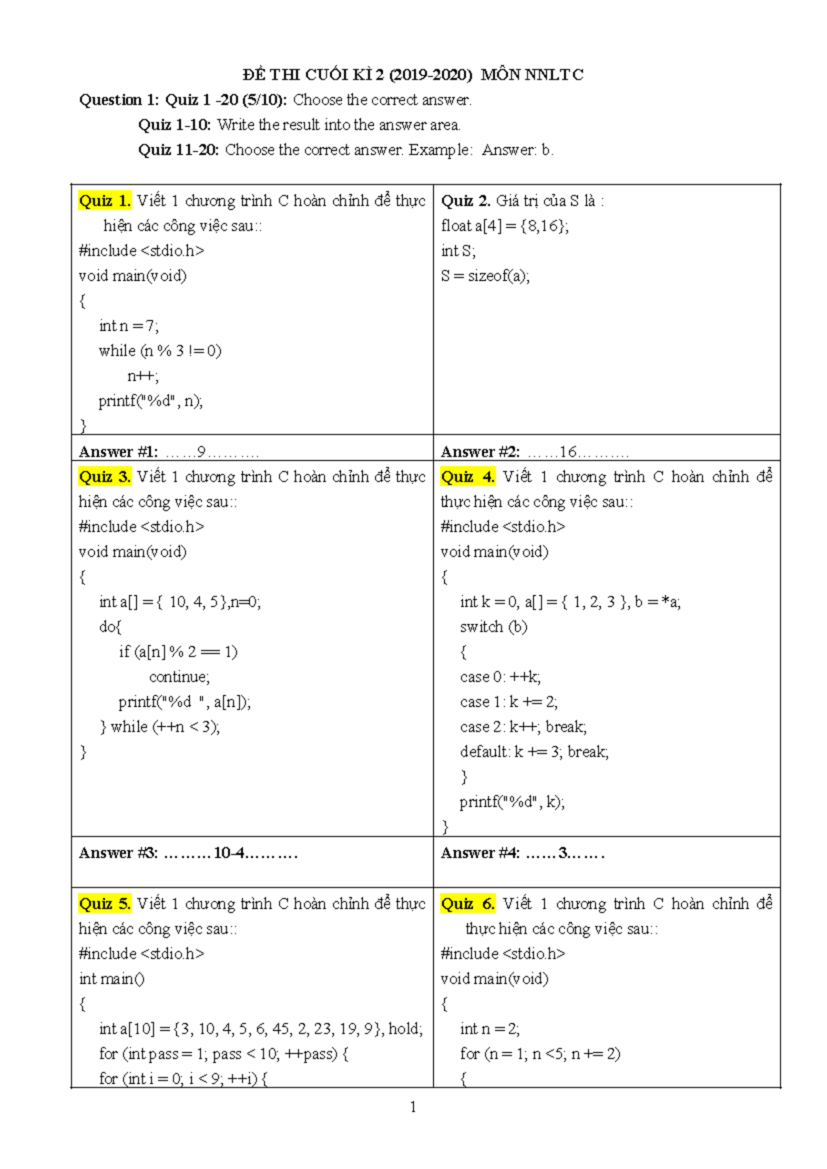 Đề Thi Cuối Kì 2 NNLTC 2019-2020 - C Programming Language - Studocu