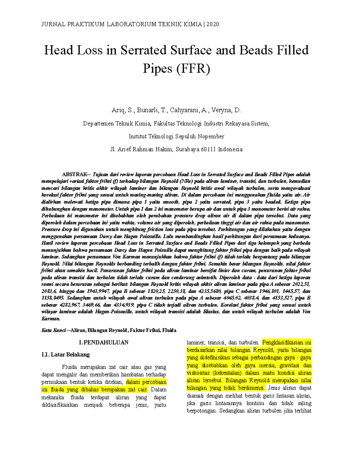 Head Loss Analysis in Serrated Surface & Beads Filled Pipes (FFR) - Studocu