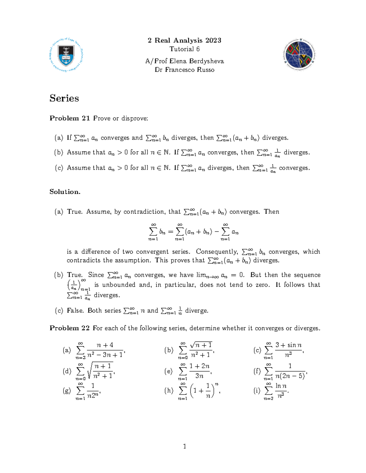 Real analysis tut6 solution - 2 Real Analysis 2023 Tutorial 6 A/Prof Elena Berdysheva Dr ...
