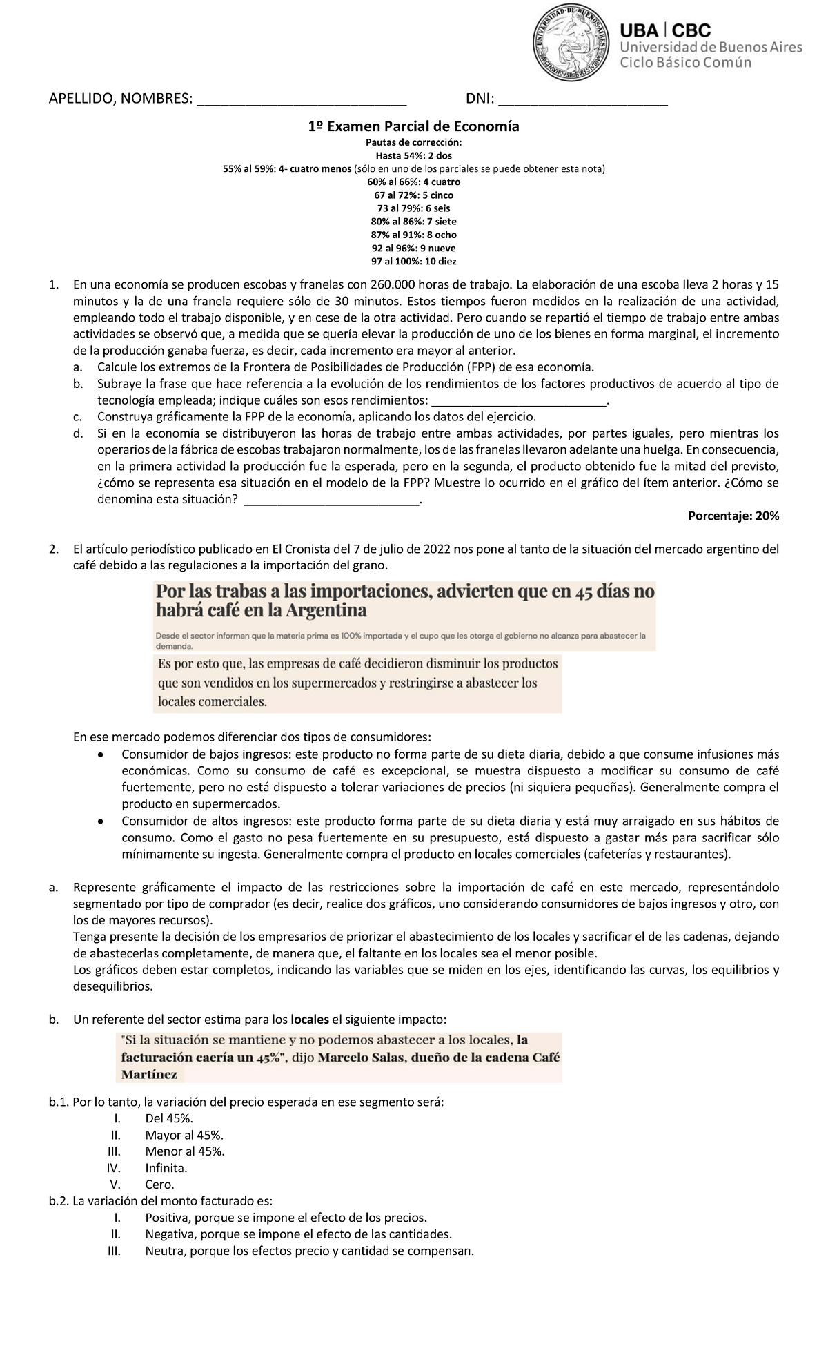 UBA CBC Economía 1º Parcial 2C2022: Análisis de Producción y Mercado ...