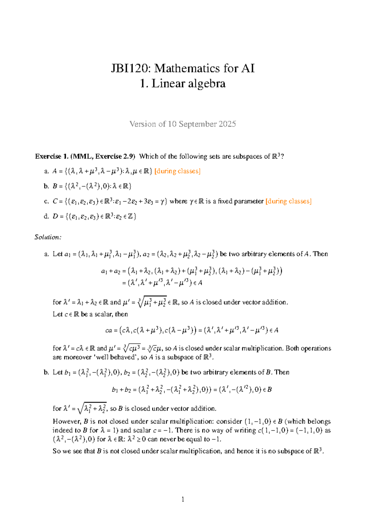 JBI120: Linear Algebra Exercises & Solutions (Part 1) - Studeersnel