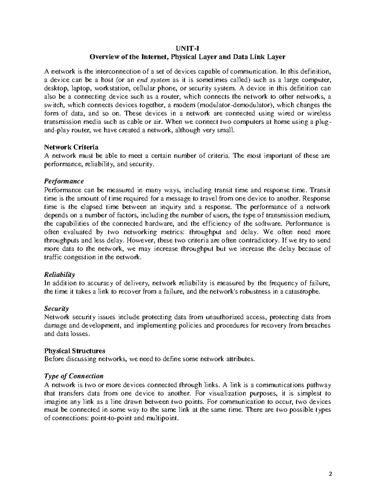 CN Lecture Notes - UNIT-I Overview of the Internet, Physical Layer and ...