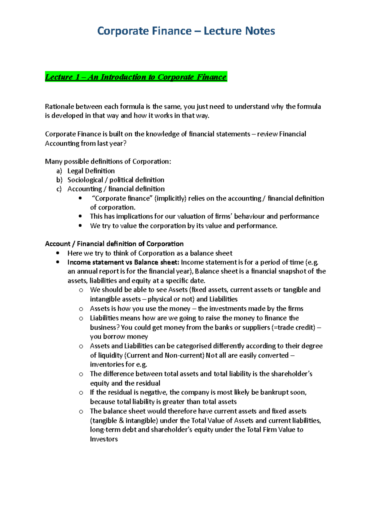 CF Lecture Notes - Corporate Finance – Lecture Notes Lecture 1 – An ...