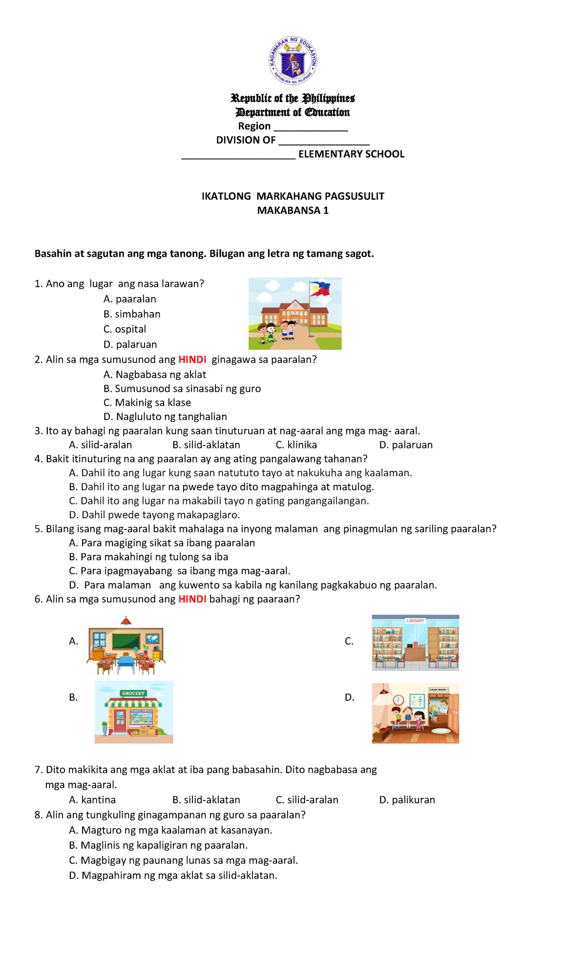 PT Q3 Grade 1 Matatag Makabansa 1 - Republic of the Philippines ...