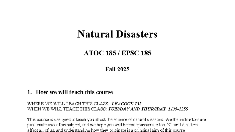Natural Disasters Course Outline ATOC 185 EPSC 185 Fall 2025 - Studocu
