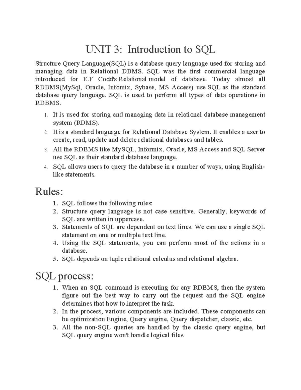 UNIT 3: Comprehensive Notes on SQL for DBMS R22 - Studocu