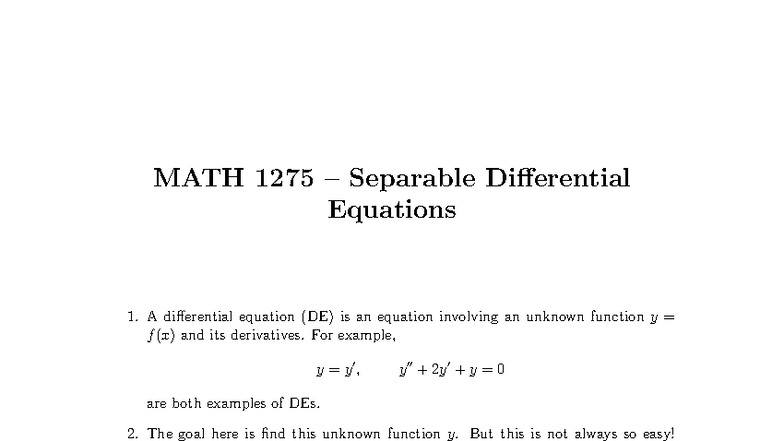 MATH 1275 Separable Differential Equations Overview and Examples - Studocu