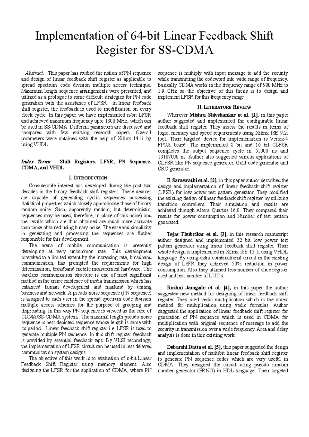 Implementation of 64-bit Linear Feedback Shift Register for SS-CDMA - Implementation of 64-bit ...