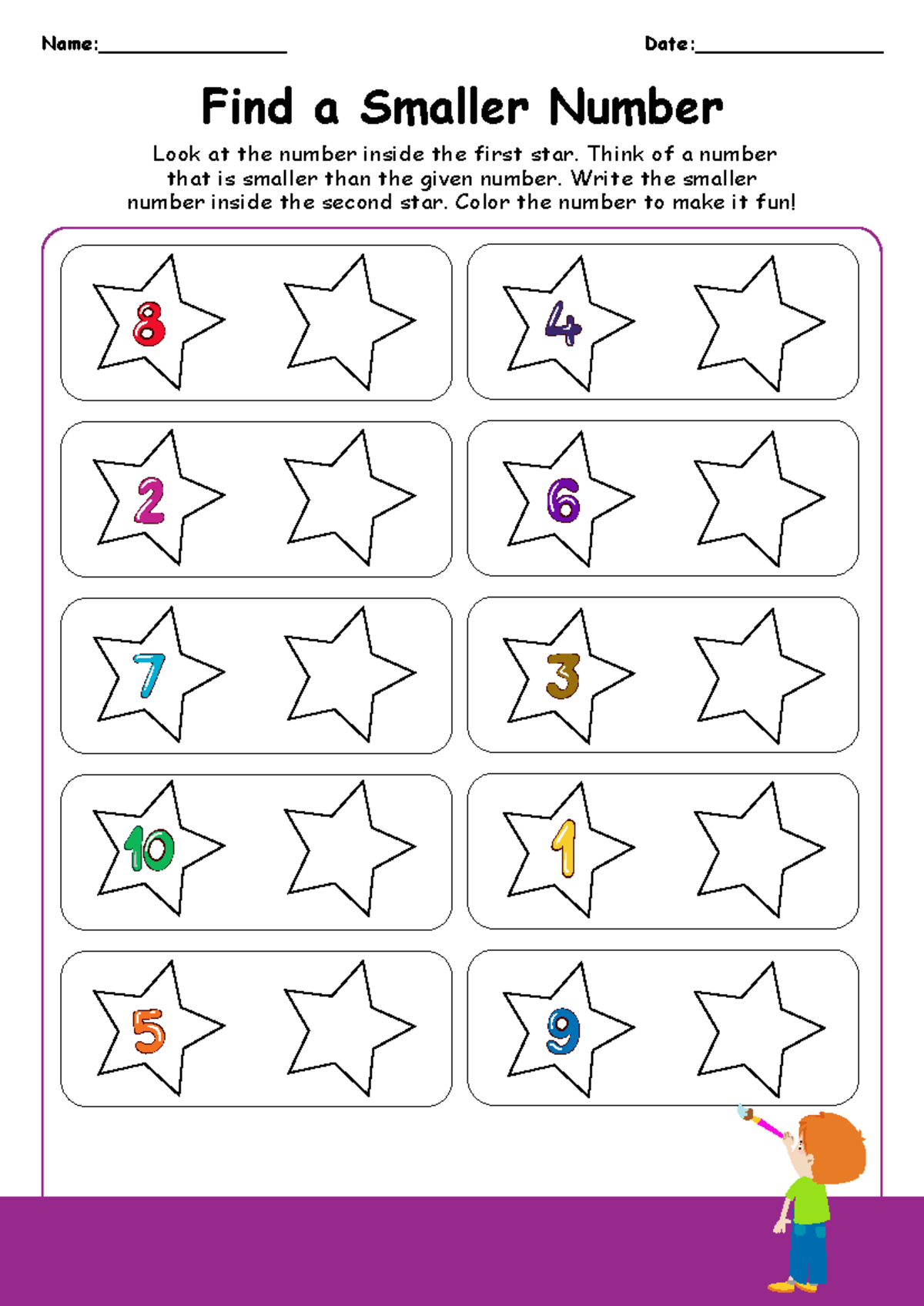 Find a Smaller Number - Kindergarten Worksheet - Name: Date: Find a ...