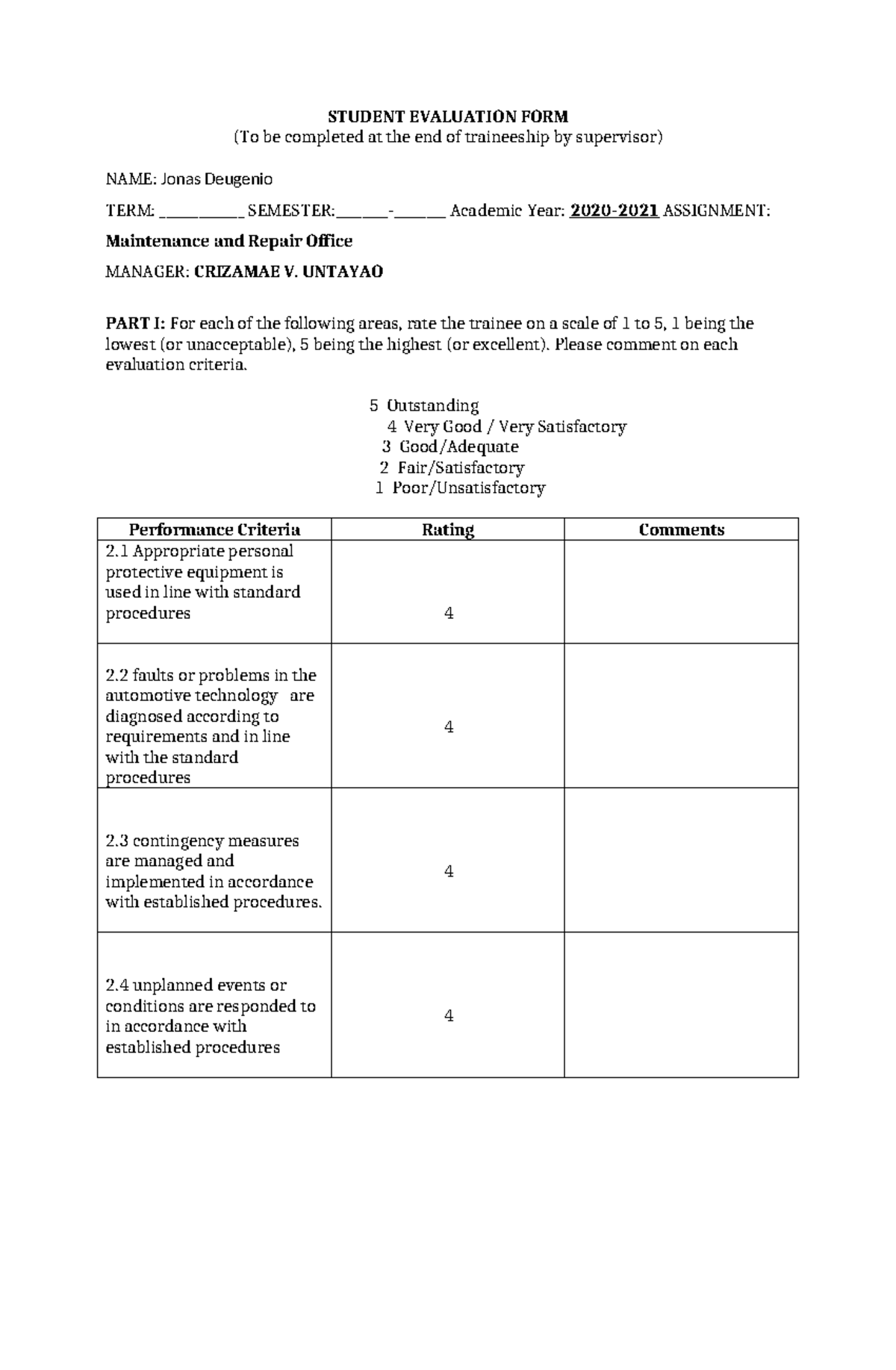 16.-Performance-Evaluation-Form - STUDENT EVALUATION FORM (To be ...