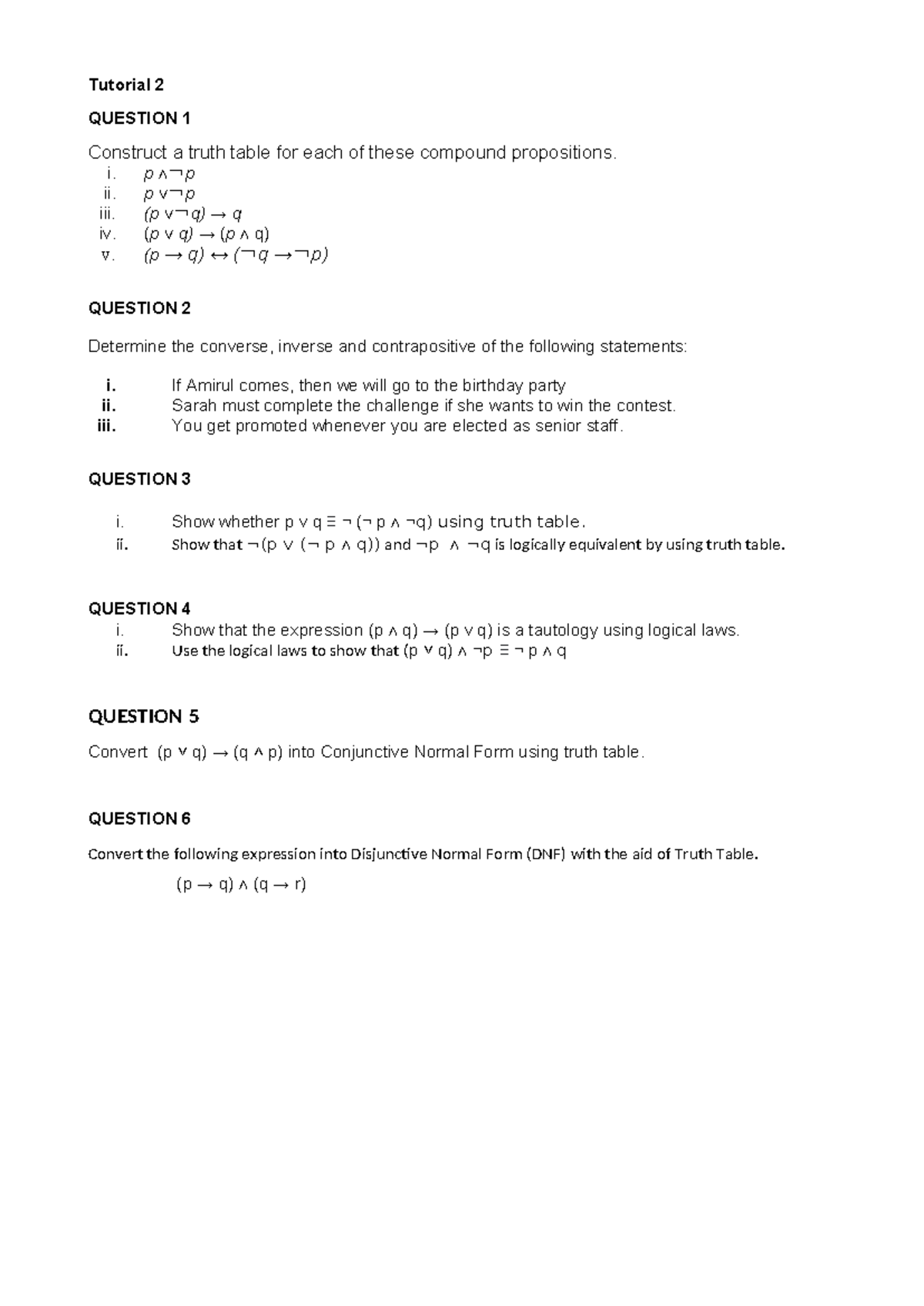 Tutorial 2: Truth Tables & Logical Equivalences in Propositions - Studocu