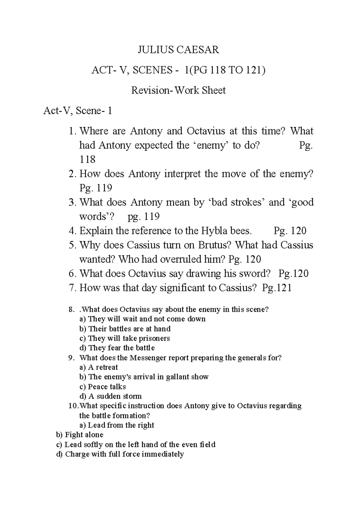 JULIUS CAESAR V, SCENES 1 (PG 118-121) Analysis Worksheet - Studocu