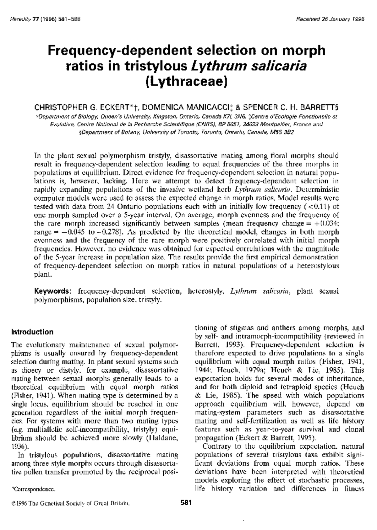 Selection on Morph Ratios in Tristylous Lythrum salicaria (SCh B 140) - Studocu