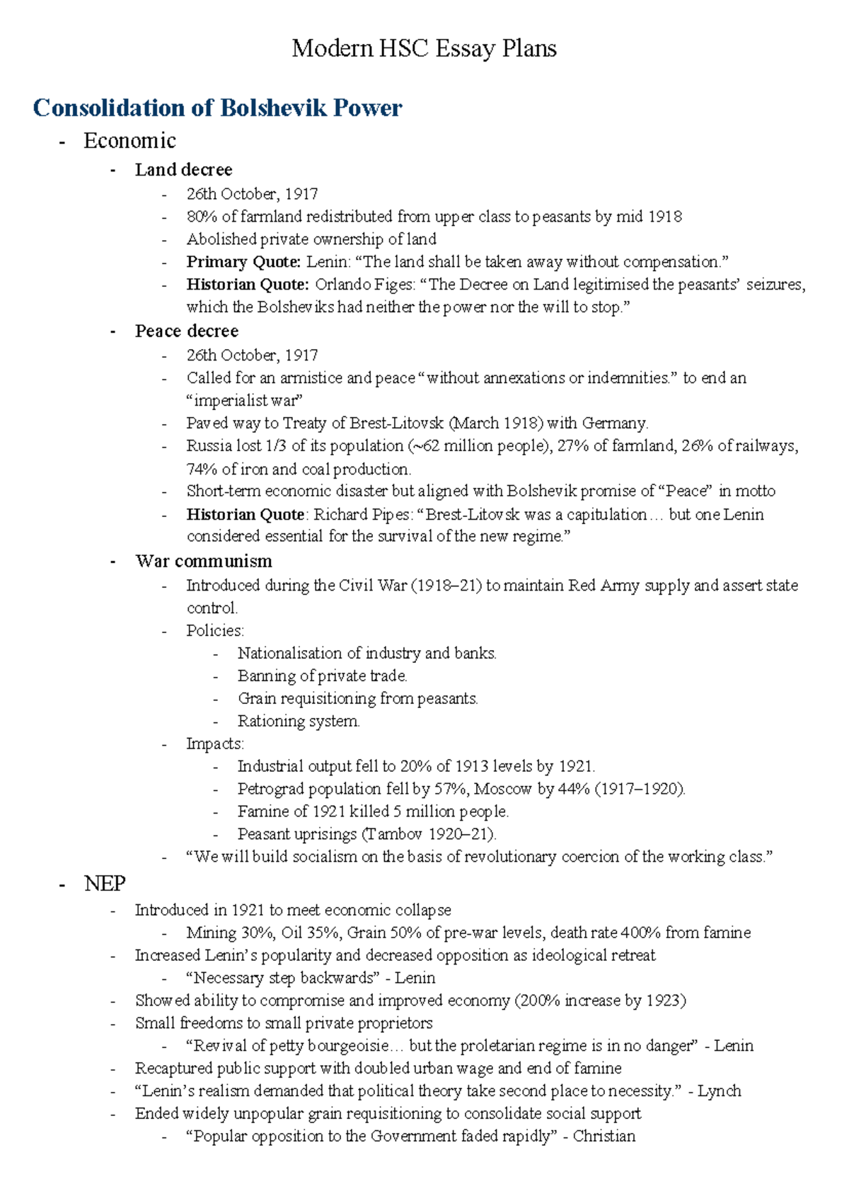 MOD HSC Essay Notes: Bolshevik Power Consolidation (1917-1924) - Studocu
