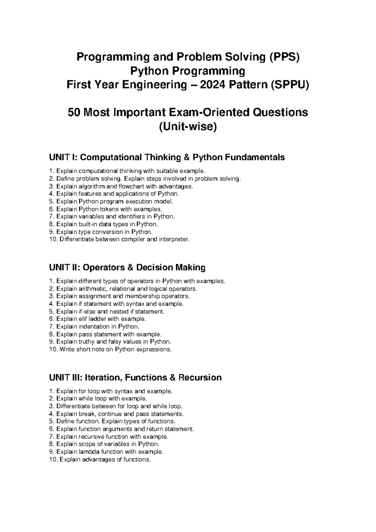PPS Python 2024 Pattern: 50 Important Questions for First Year ...