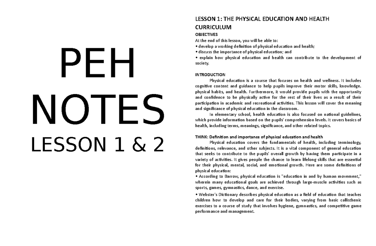 PEH 101 Lesson Notes: Importance of Physical Education & Health - Studocu