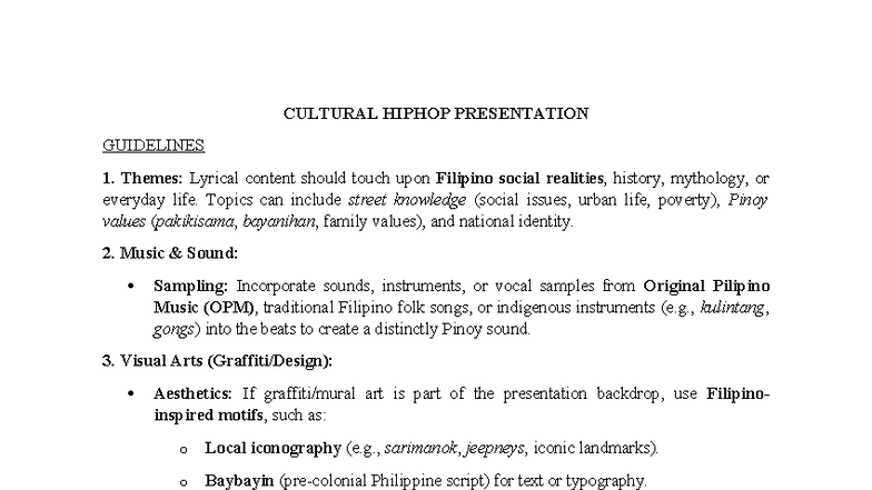 CULTURAL HIPHOP PRESENTATION GUIDELINES & RUBRIC - Studocu
