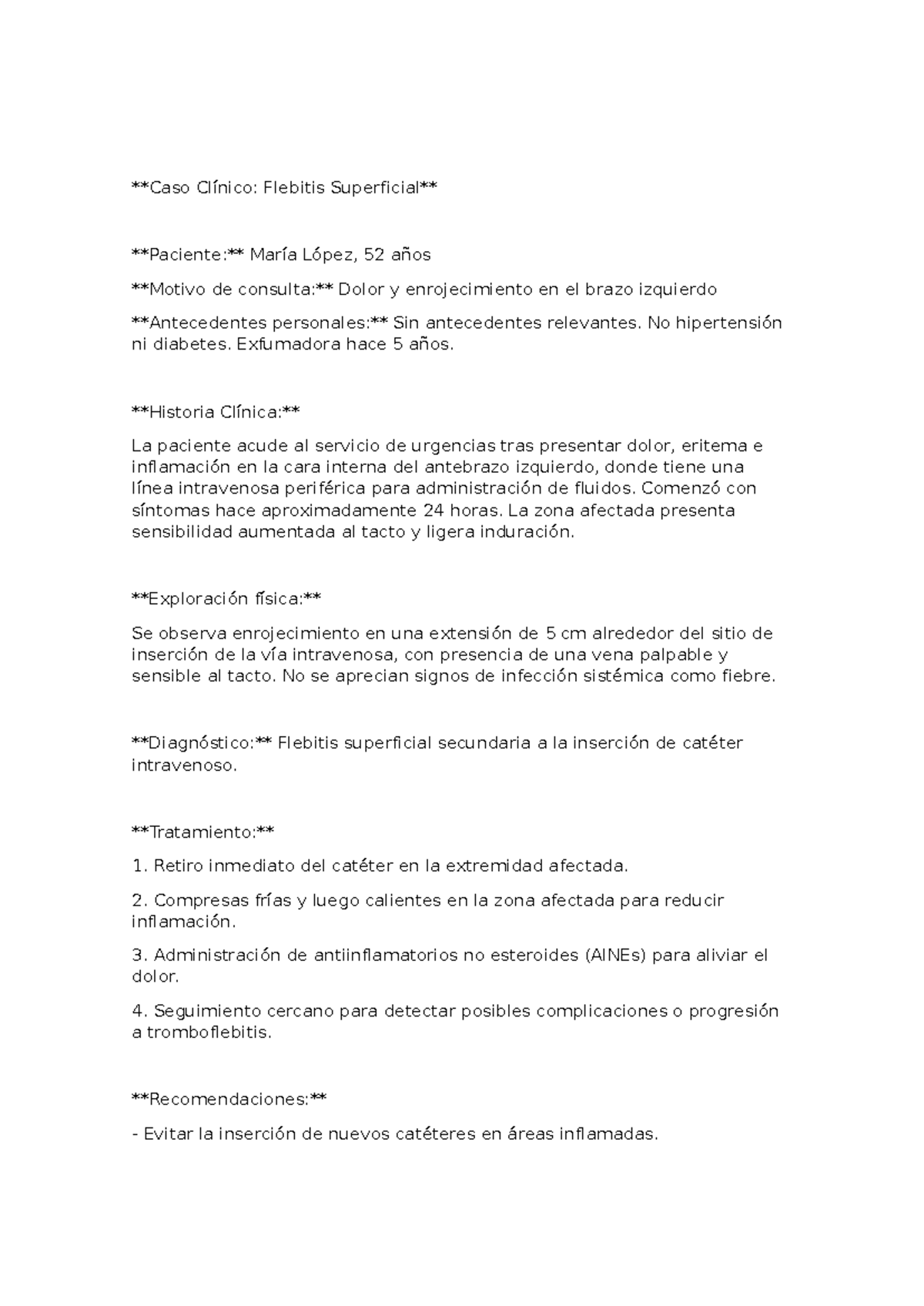 Caso Clínico: Flebitis Superficial en Paciente de 52 Años - Studocu