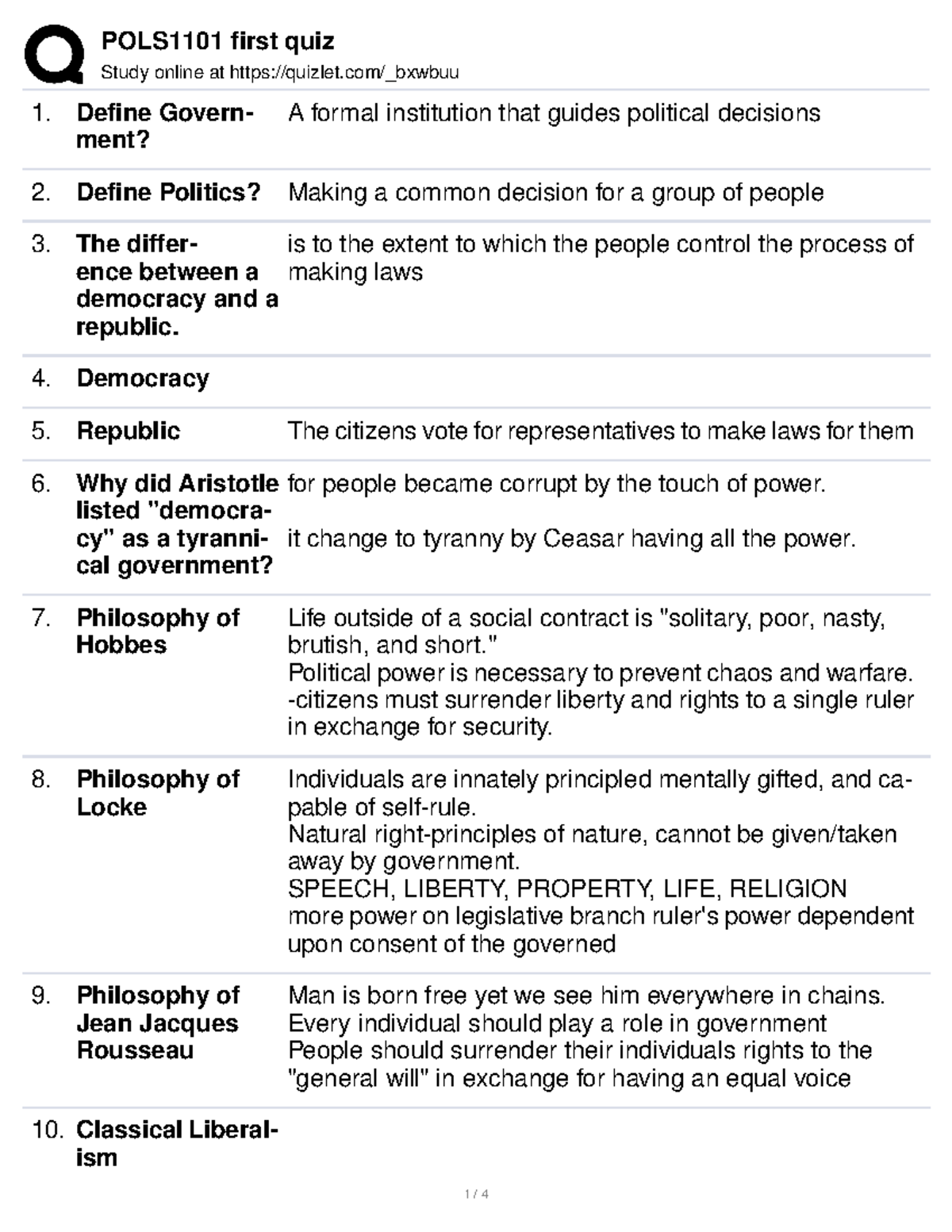 POLS1101 Quiz 1: Key Questions on Government & Political Theories - Studocu