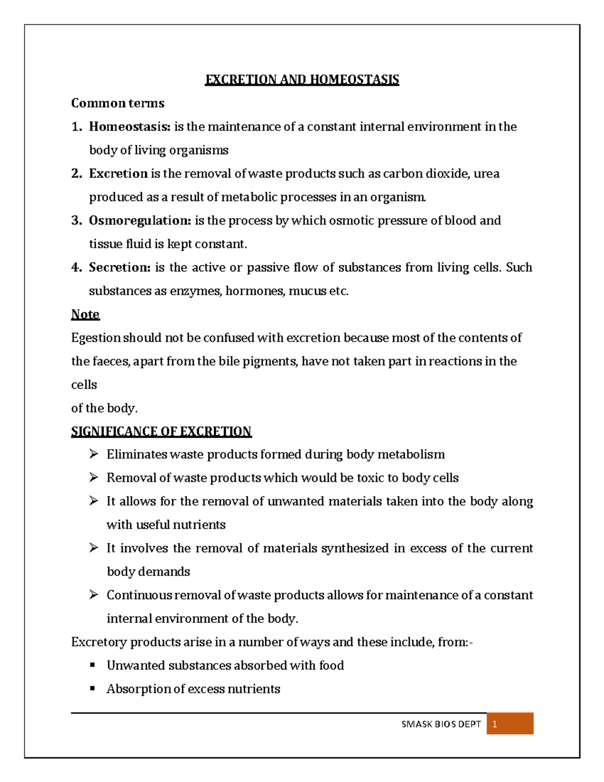 Biology O Level: Excretion & Homeostasis Final Notes - Studocu