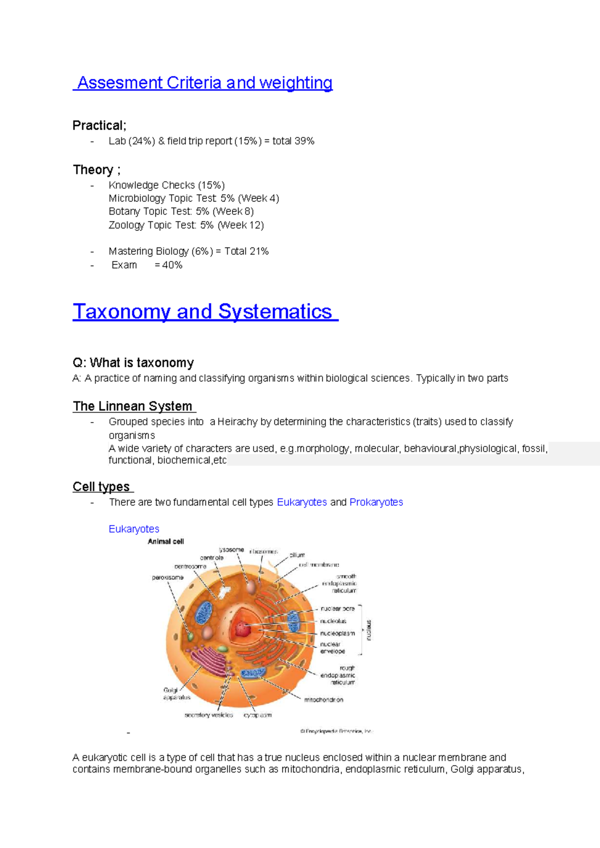 B IOSCI 108: Summary of Taxonomy, Cell Types, and Evolutionary Biology ...