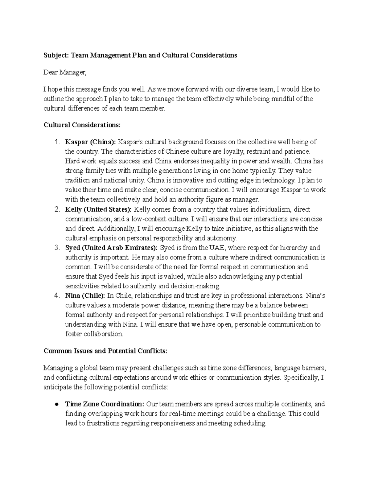 Manager email - Subject: Team Management Plan and Cultural ...