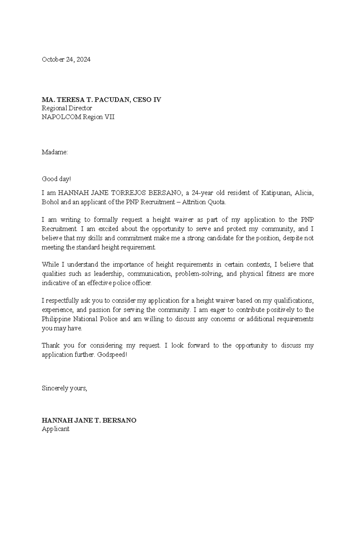 PNP Recruitment Height Waiver Application Letter - Studocu