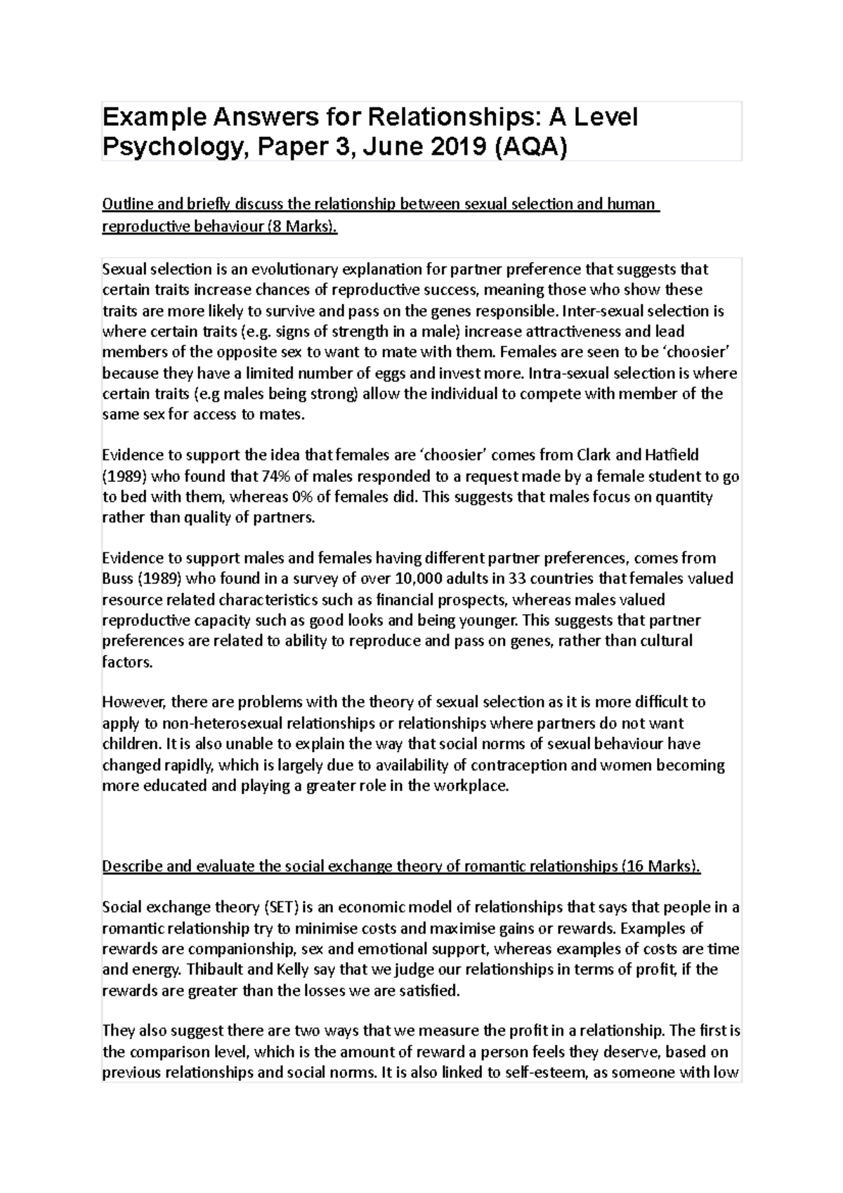 Example Answers for Relationships - A Level Psychology (AQA) Paper 3 ...