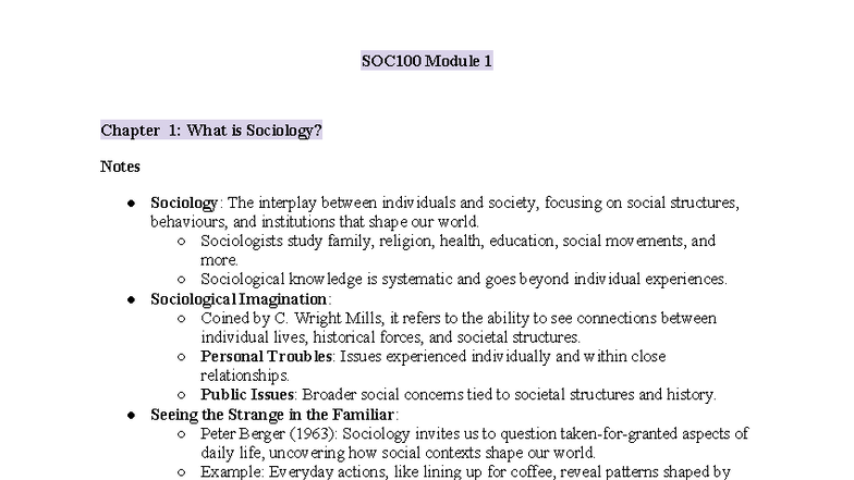 SOC100 Module 1 Term Test 1: Key Concepts and Theories in Sociology ...