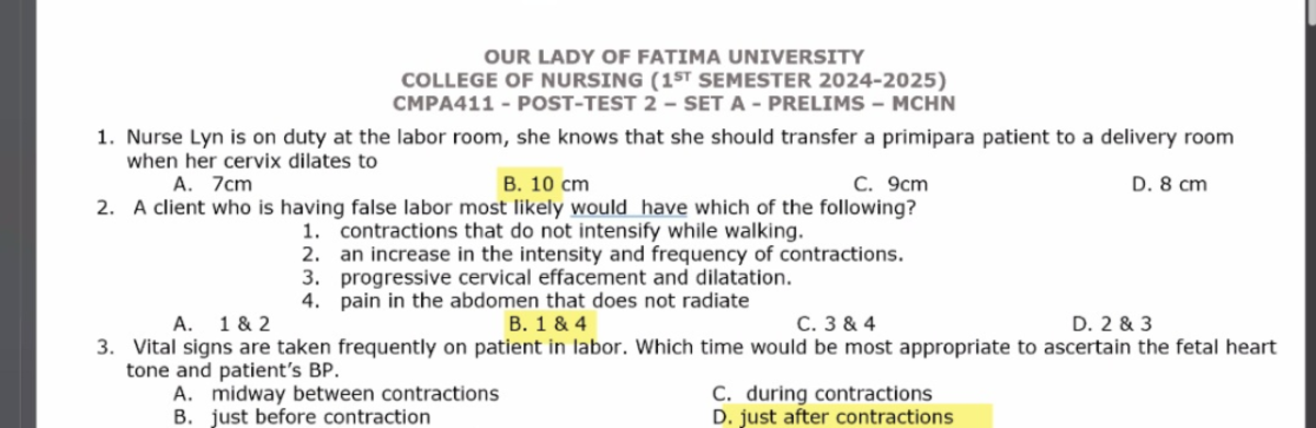 MCHN (POST TEST) - Practice Questions - OUR LADY OF FATIMA UNIVERSITY ...