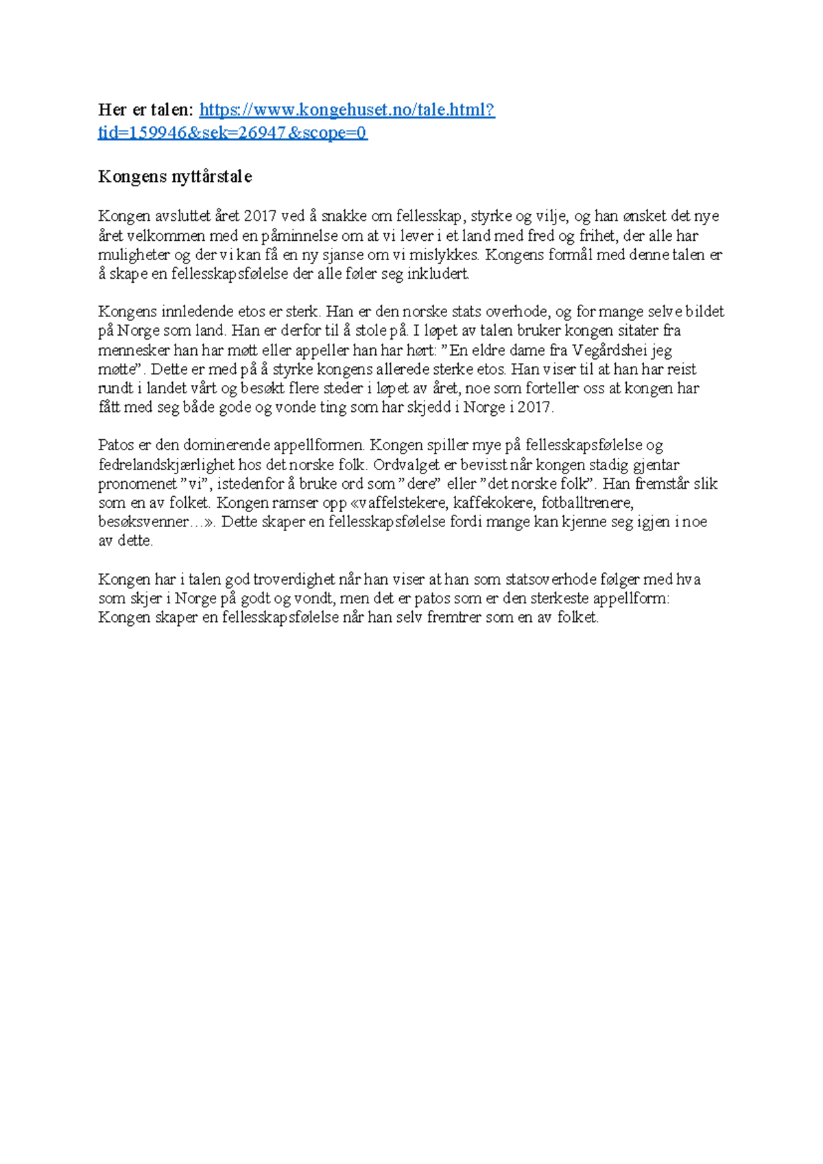 Eksempel på Kortsvar Appellformer: Kongens Nyttårstale 2017 - Studocu