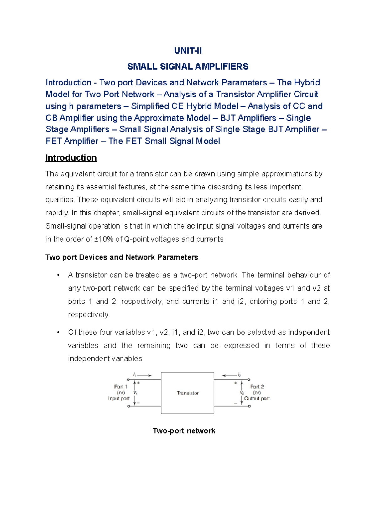 Electronic Circuits Unit 2: Small Signal Amplifiers Overview - Studocu