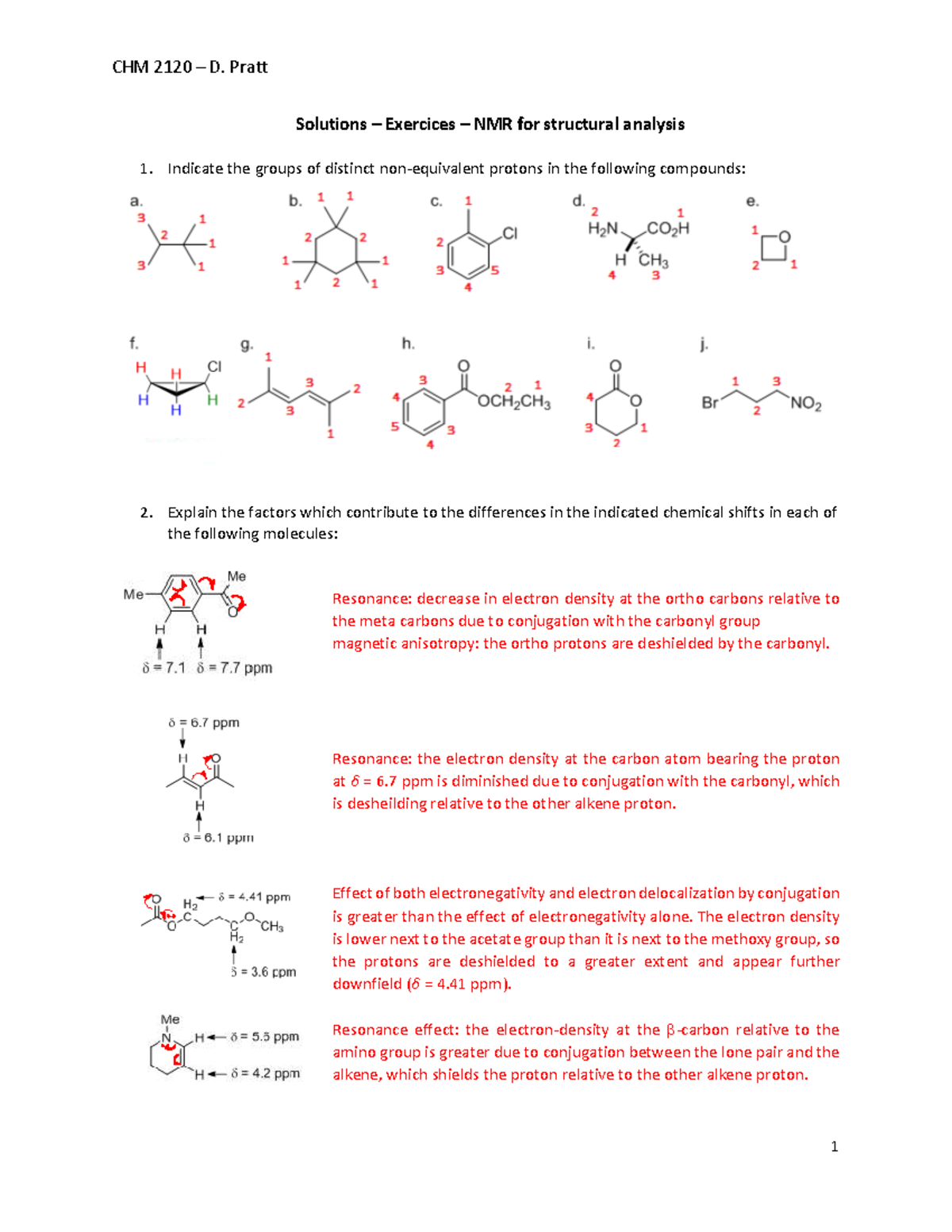 CHM 2120 D. Pratt NMR Practice Problems for Structural Analysis - Studocu