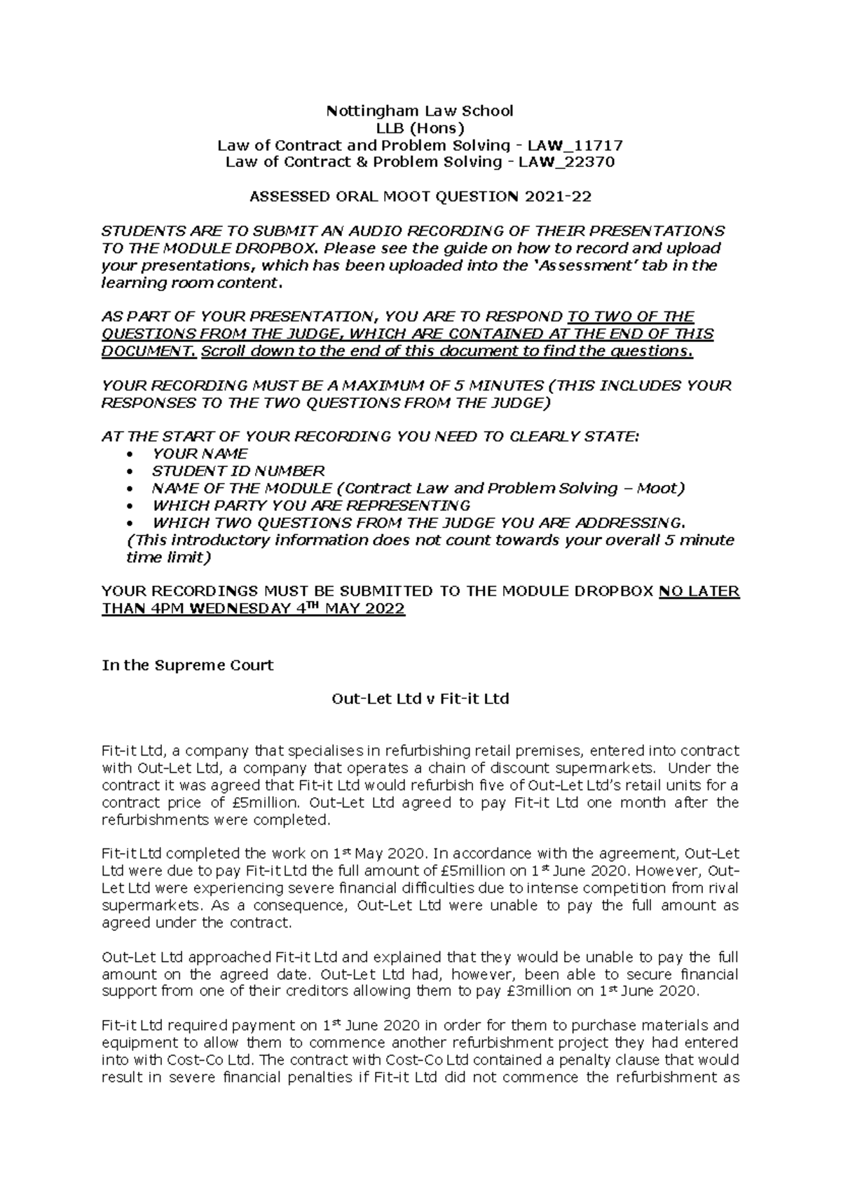 LAW_ Assessed Oral Moot Question 2021: Out-Let Ltd v Fit-it Ltd - Studocu