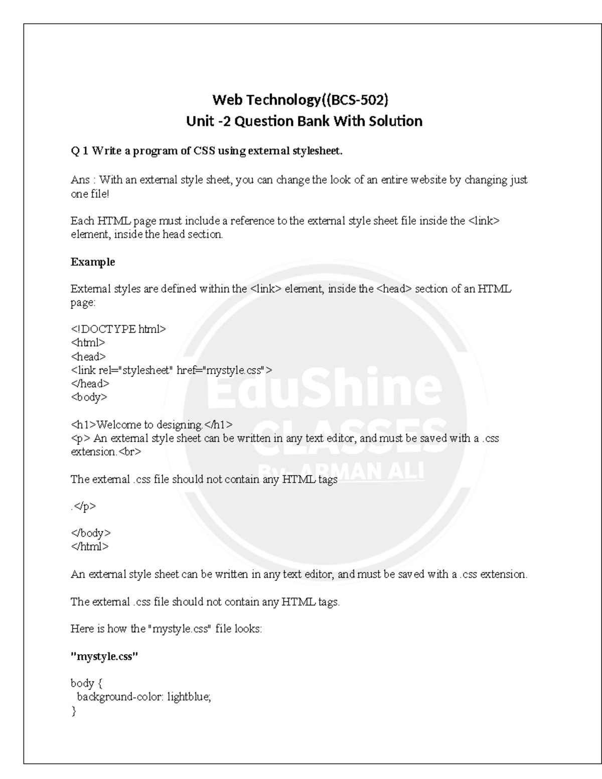 WT BCS 502 UNIT 2 CSS Question Bank with Solutions - Studocu