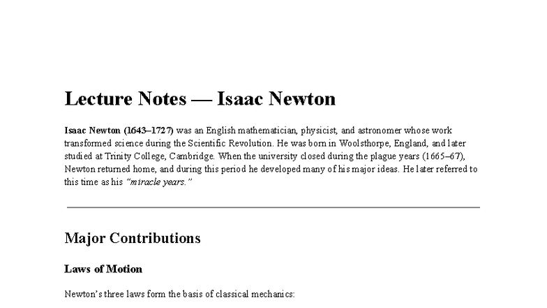 BIO 1101 Lecture Notes: Isaac Newton's Major Contributions - Studocu