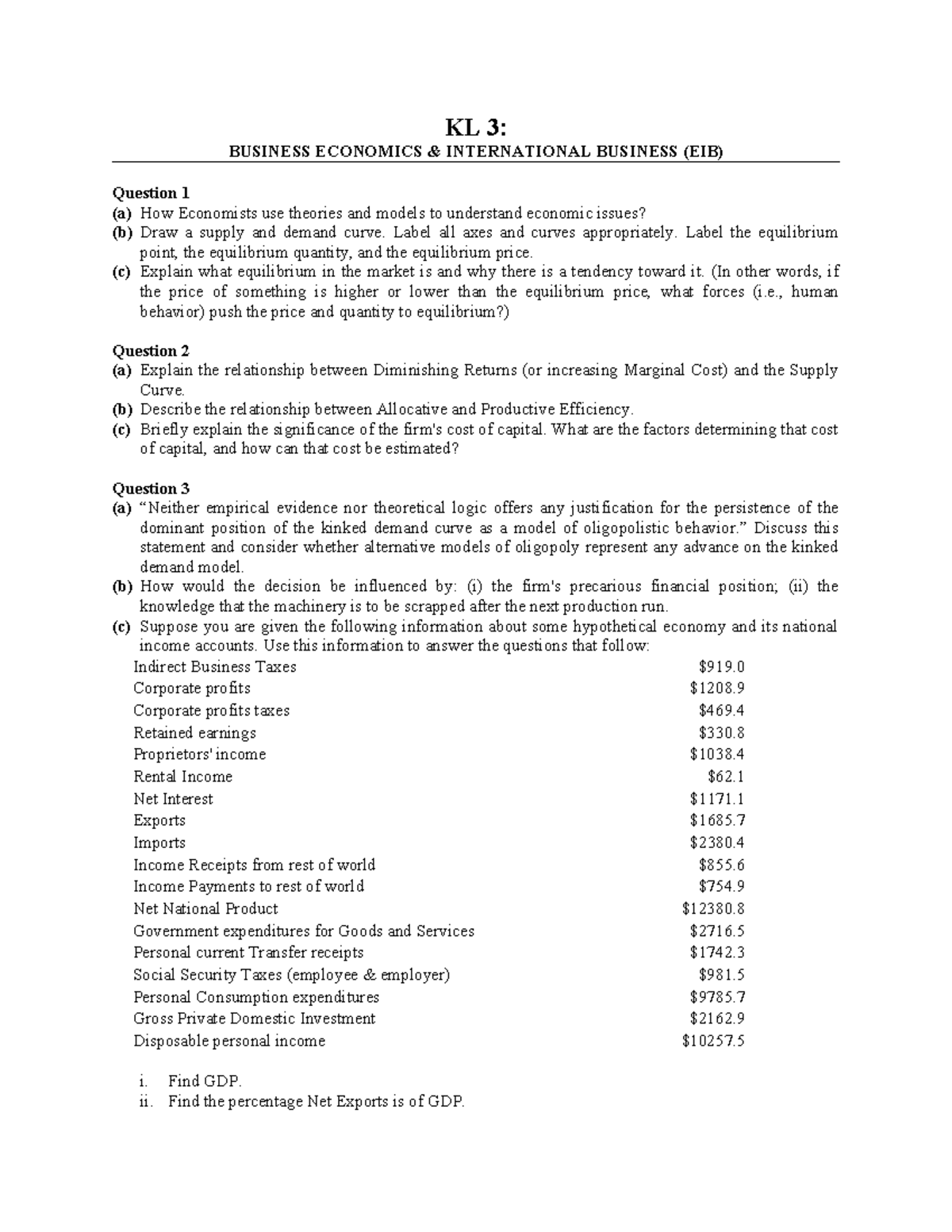 KL 3: BUSINESS ECONOMICS (EIB) Assignment on Market Equilibrium ...