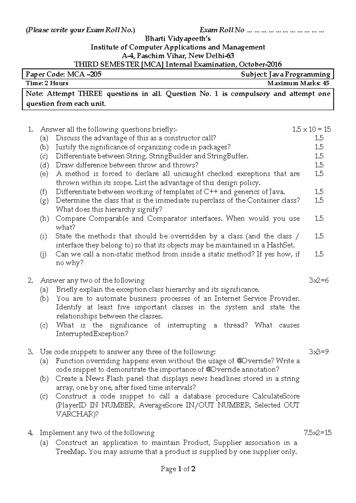 MCA 109 Internal Exam: Java Programming Questions 2016 - Studocu
