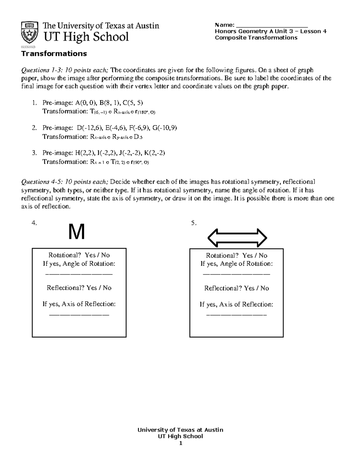 Honors Geometry A 66503 - Unit 3 Lesson 4: Composite Transformations ...