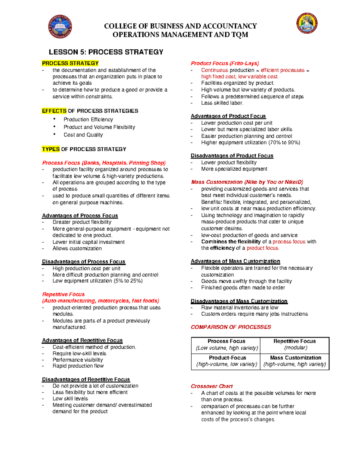 OM G3 Reviewer - OPERATIONS MANAGEMENT AND TQM LESSON 5: PROCESS ...