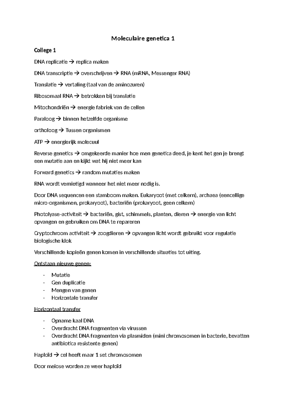 Moleculaire Genetica 1: College Notities en Belangrijke Concepten ...