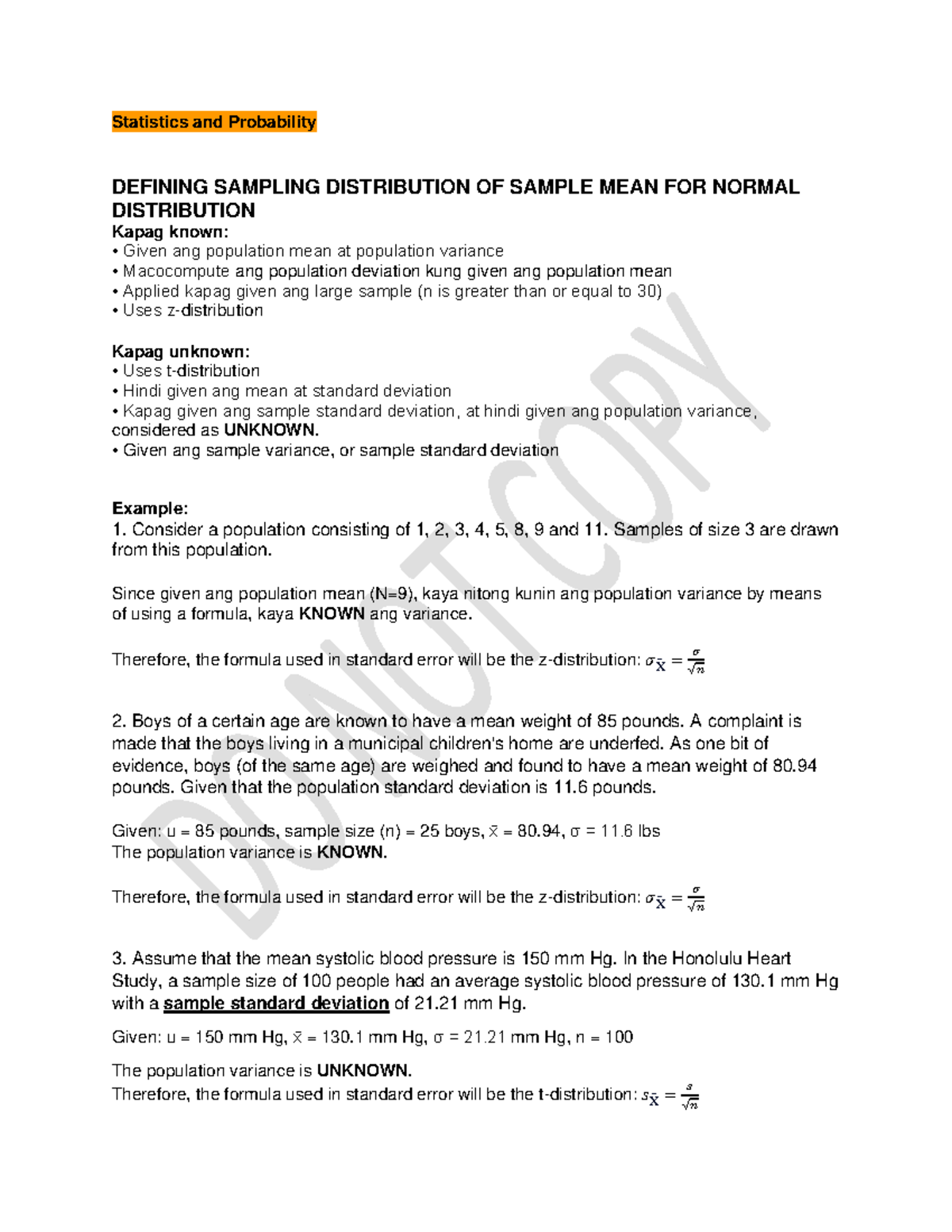 STAT101 - Statistics Reviewer: Sampling Distributions & Confidence Intervals - Studocu